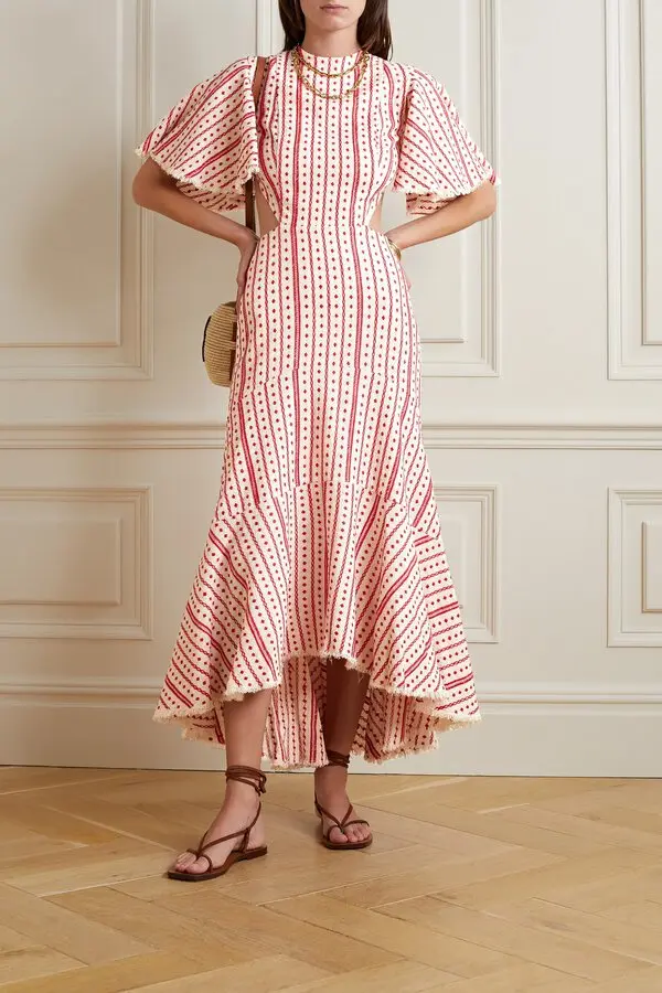 Rue Mariscal Open Back Embroidered Crocheted Maxi Dress