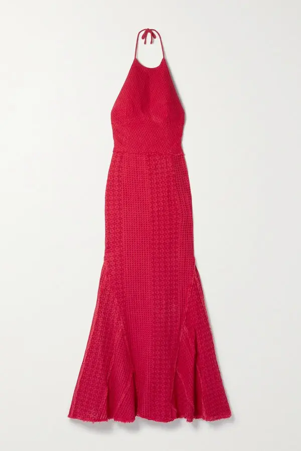 Rue Mariscal Frayed Embroidered Crocheted Halterneck Maxi Dress - Burgundy