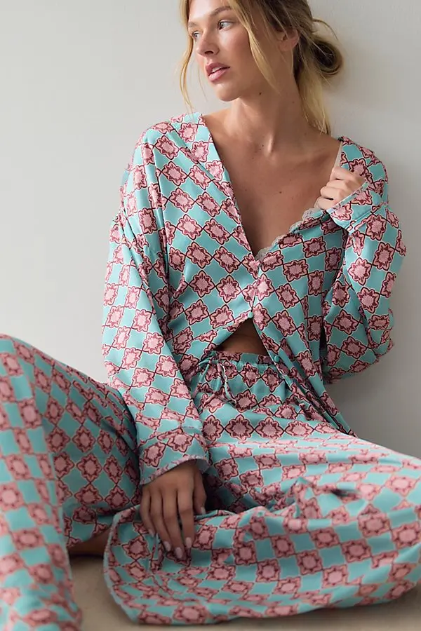Free People Dreamy Days Pajama Set - Geo - Aqua Haze Combo