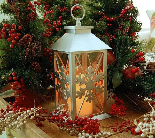 LUMABASE Silver Snowflake Lantern With Led Cand Le And Timer