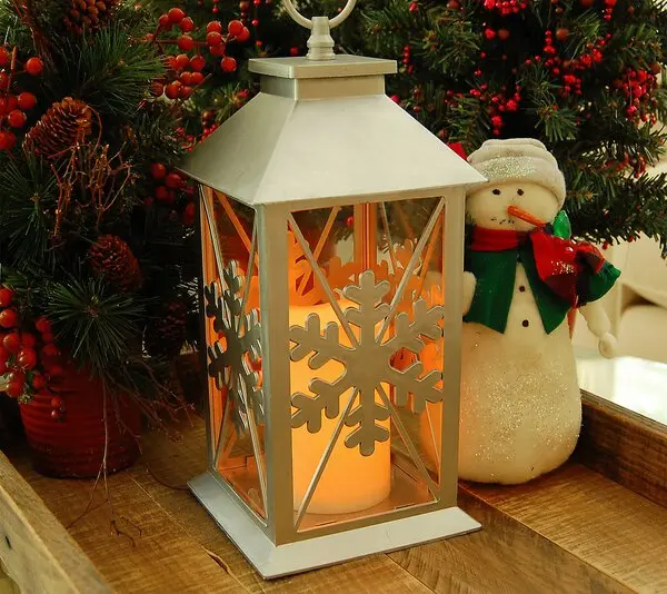 LUMABASE Silver Snowflake Lantern With Led Cand Le And Timer