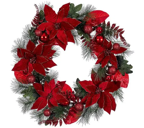 VICKERMAN 28' Merry Red Poinsettia, Ball, & Fer Wreath - One-color