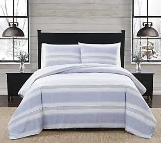 London Fog Blue Stripe Twin Xl 2 Piece Flannel Omforter Set - One-color