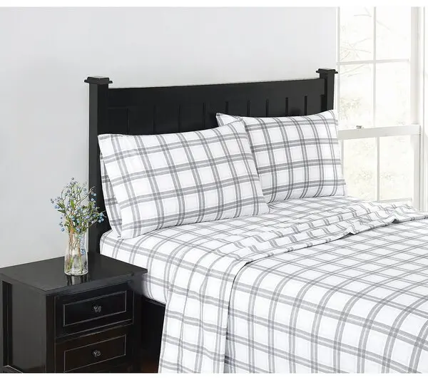 London Fog Grey Plaid Flannel 4 Piece Queen She Et Set - One-color