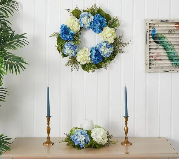 NEARLY NATURAL 24' Blue And White Hydrangea Wreath Nearly N Atural