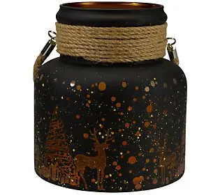 NORTHLIGHT 8' Gold Deer & Pine Trees Glass Cand E Lantern