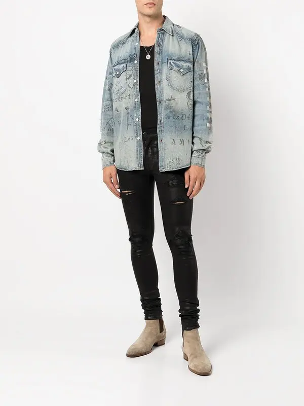 Amiri Distressed Logo Print Denim Shirt