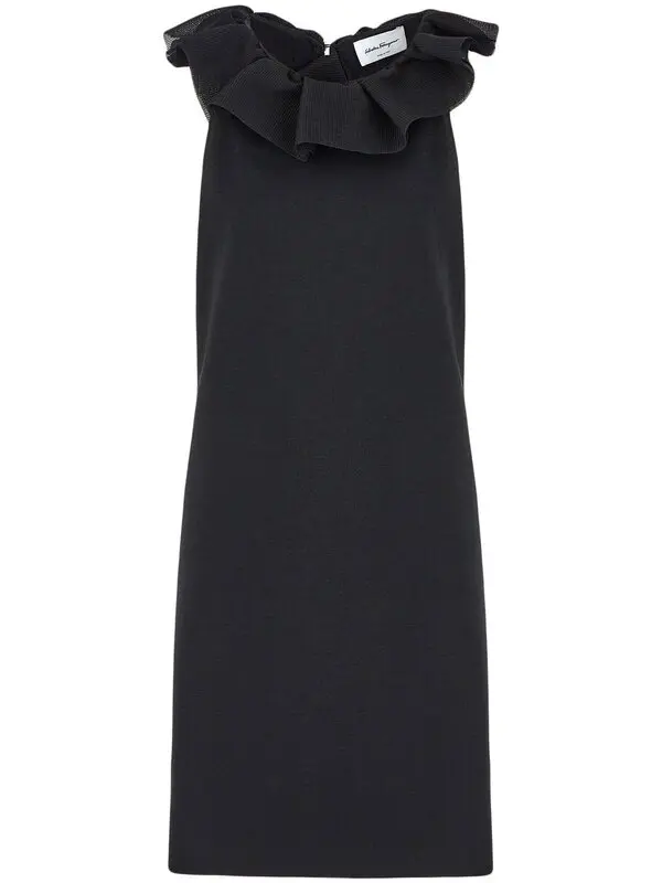 FERRAGAMO Sleeveless Ruffled Neck Wool Blend Dress