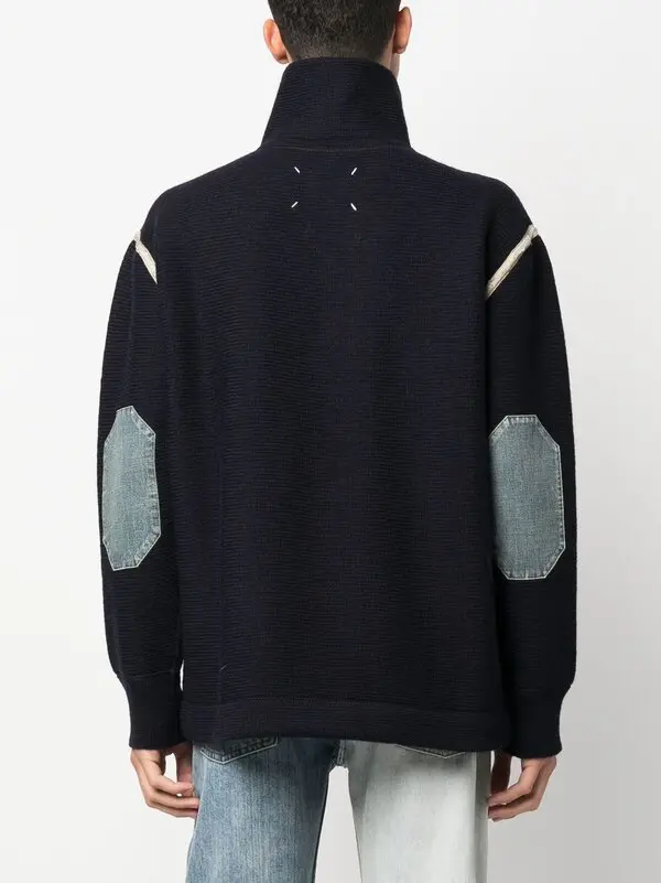 MAISON MARGIELA Half-zip Chunky Knit Sweater With Contrast Elbow Patches - Blue
