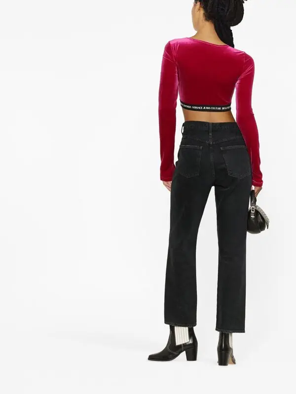 Versace Logo-waistband Cropped Velvet Top - Red