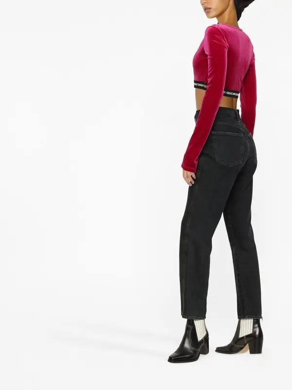 Versace Logo-waistband Cropped Velvet Top - Red