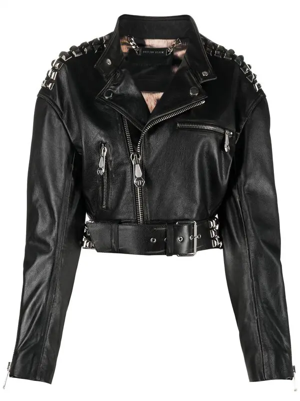 Philipp Plein Rockstud Cropped Leather Jacket - Black
