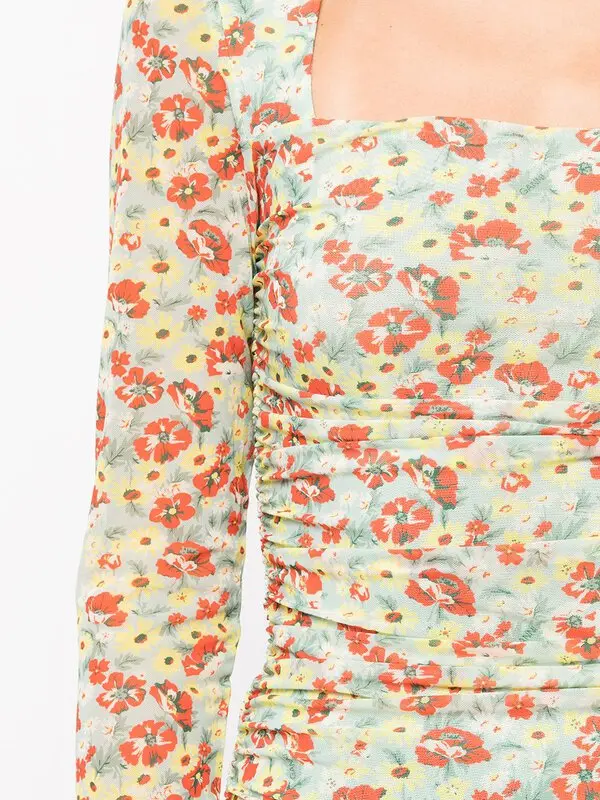 GANNI Floral-print Mesh Top - Blue