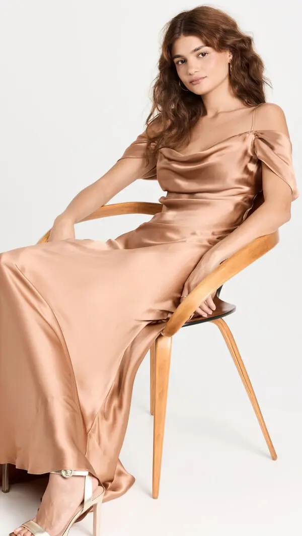 l'agence kenna silk dress L'Agence Kenna Cowl Neck Cold Shoulder Dress In Soft Tan - 75% Off
