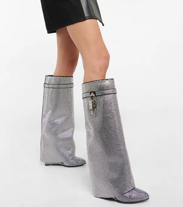 Givenchy Shark Lock Strass Knee-High Boots In Metallic - 40