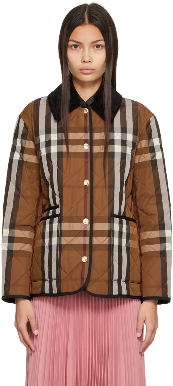 Burberry Brown Check Diamond Quilted Jacket In Dark Birch Brown