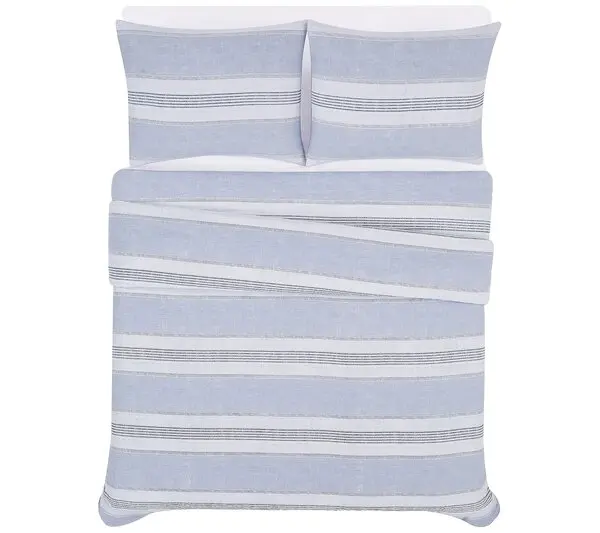 London Fog Blue Stripe Twin Xl 2 Piece Flannel Uvet Cover Set - One-color