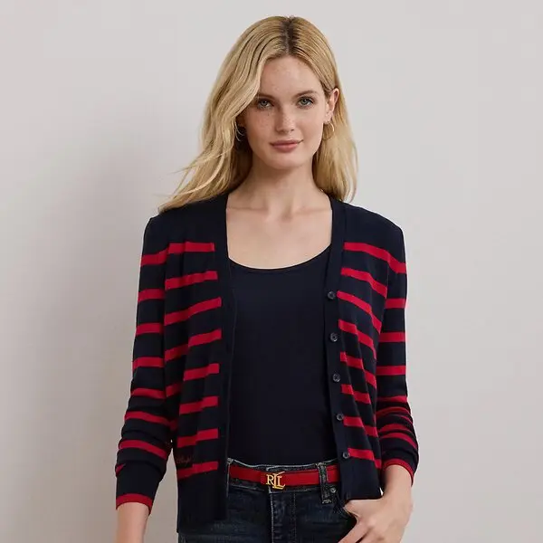 Ralph Lauren Striped Cotton-blend Cardigan - Lauren Navy/festive Red