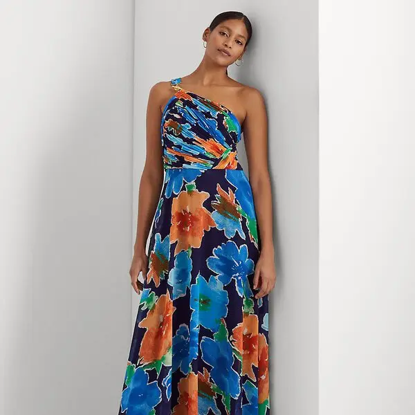 ralph lauren georgette one shoulder dress Ralph Lauren Floral Georgette One-Shoulder Gown In Navy Multi - 44% Off