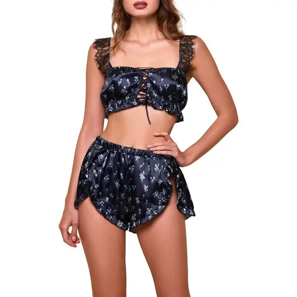HAUTY Print Satin Bralette & Panties Tap Shorts Set - Navy-blue
