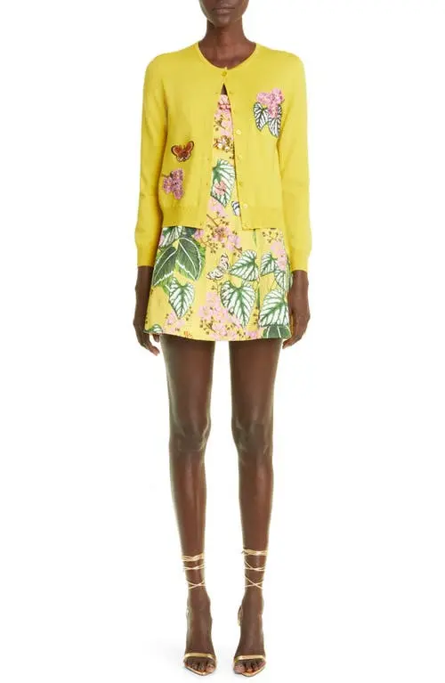 Oscar De La Renta Botanical Print Stretch Cotton Mini Dress