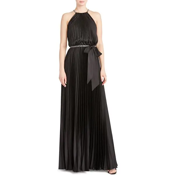 Monique Lhuillier Pleated Chain Detail Satin A-line Gown - Black