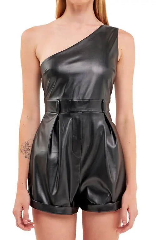 Endless Rose One-shoulder Faux Leather Romper - Jet Black