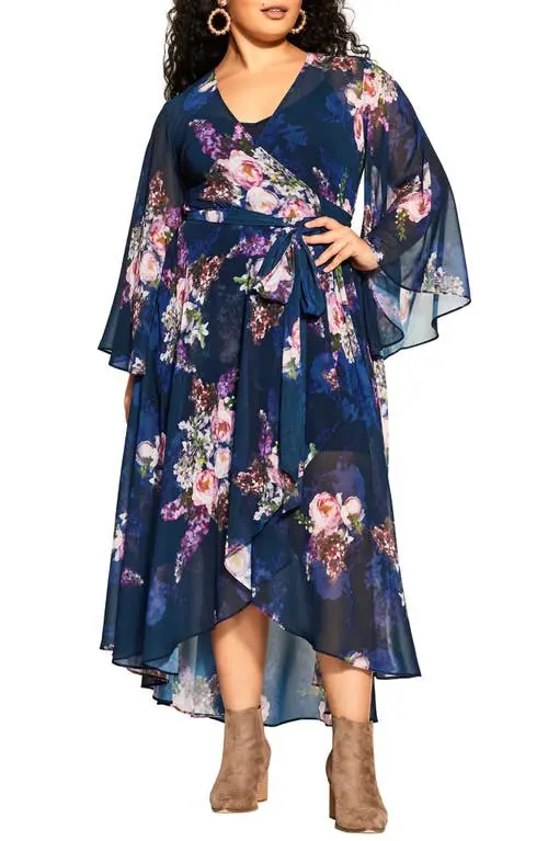 City Chic Nora Floral Long Sleeve Wrap Maxi Dress - Navy Painterly Rose |  Editorialist