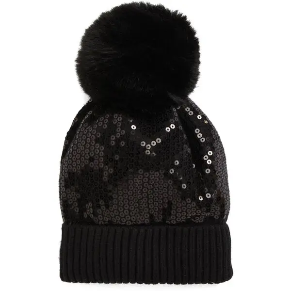 Tasha Sequin Pompom Beanie - Black