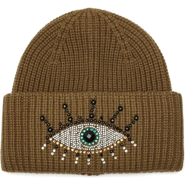 Kurt Geiger Beaded Evil Eye Beanie - Khaki