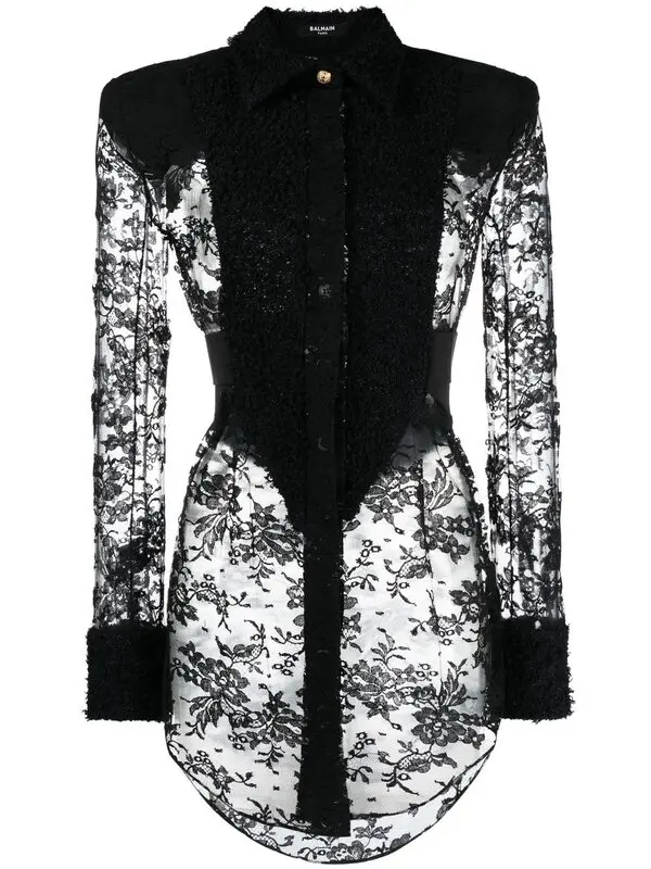 Balmain Tweed And Lace Plastron Shirt - Black