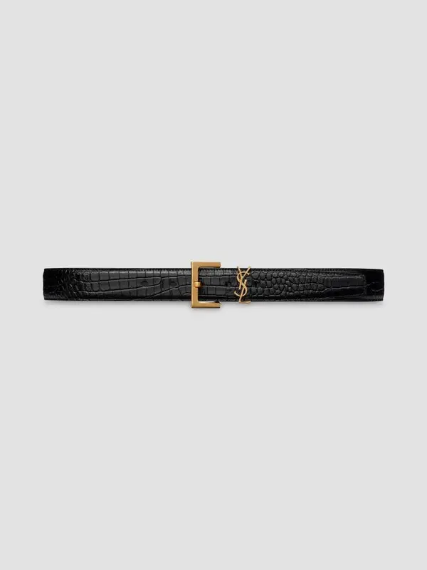 Saint Laurent Cassandre Belt With Square Buckle In Crocodile Embossed Leather