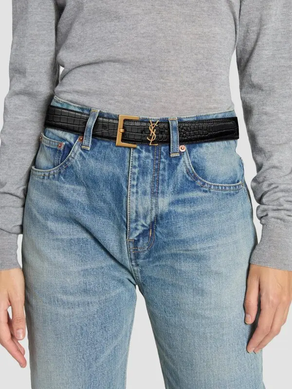 Saint Laurent Cassandre Belt With Square Buckle In Crocodile Embossed Leather
