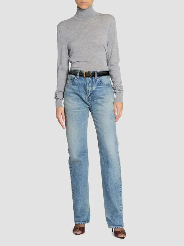 Saint Laurent Cassandre Belt With Square Buckle In Crocodile Embossed Leather