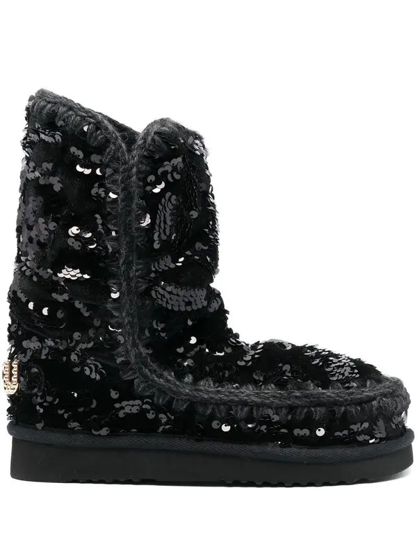 Mou Sequin Embellished Sheepskin Boots - Black