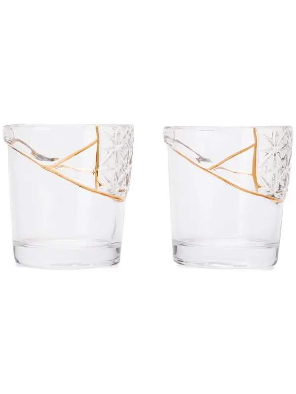 SELETTI Set Of Two -trimmed Cut Crystal Glasses - Gold