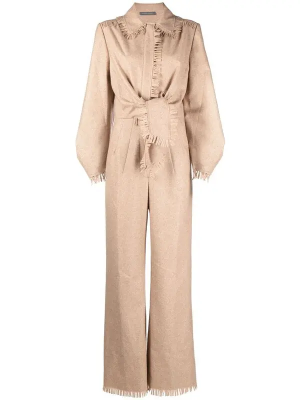 Alberta Ferretti Beige Virgin Wool Blend Fringed Jumpsuit - Neutrals