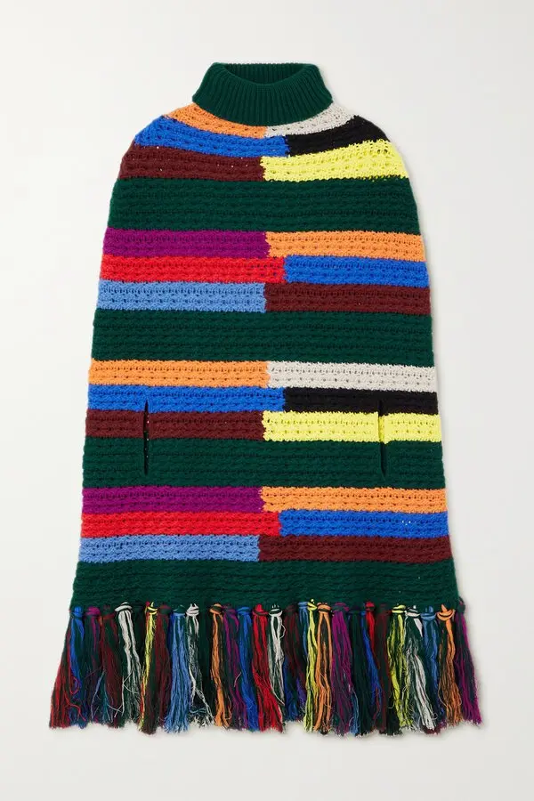 Emilio Pucci Striped Wool Turtleneck Poncho With Fringed Hem