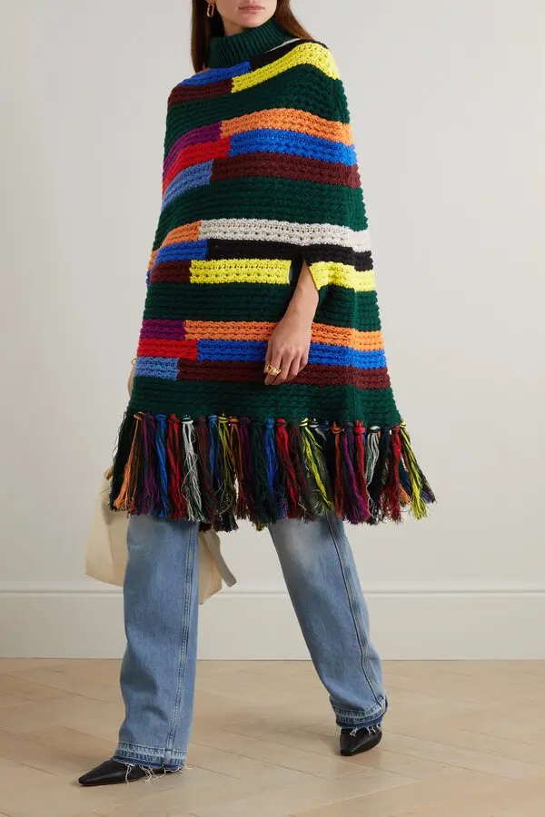 Emilio Pucci Striped Wool Turtleneck Poncho With Fringed Hem