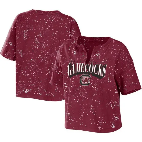 WEAR BY ERIN ANDREWS South Carolina Gamecocks Bleach Wash Splatter Cropped Notch Neck T-shirt - Garnet
