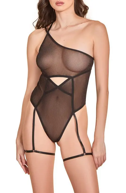 HAUTY Asymmetric Striped Teddy With Garters - Black