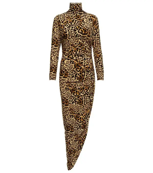Norma Kamali Leopard-print Turtleneck Draped Gown