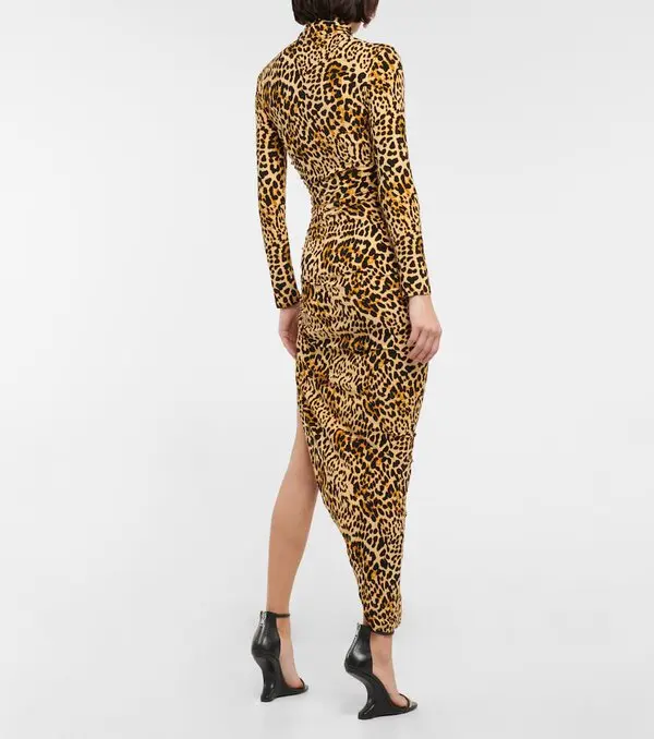 Norma Kamali Leopard-print Turtleneck Draped Gown