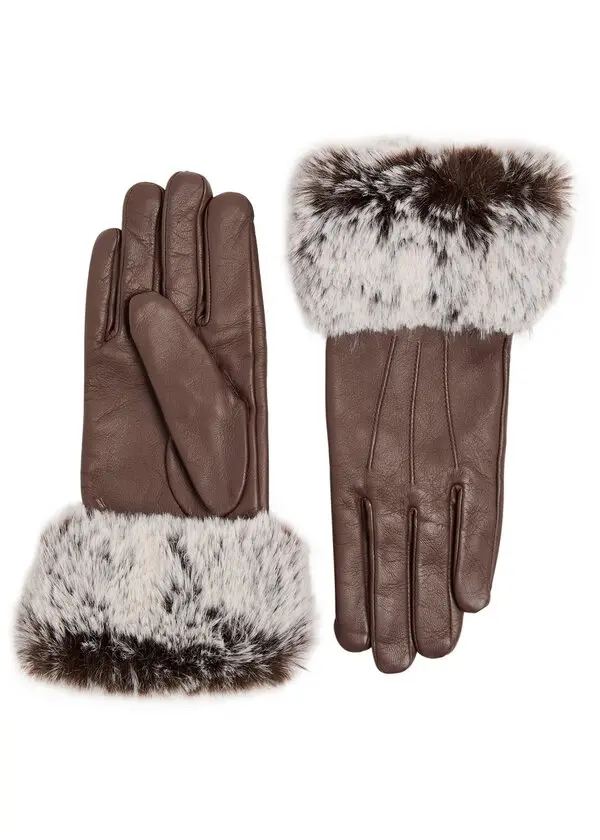 DENTS Sarah Faux Fur-trimmed Leather Gloves - Brown