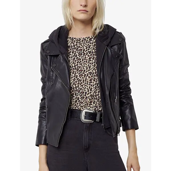 Ikks Hooded Padded Shoulder Leather Jacket