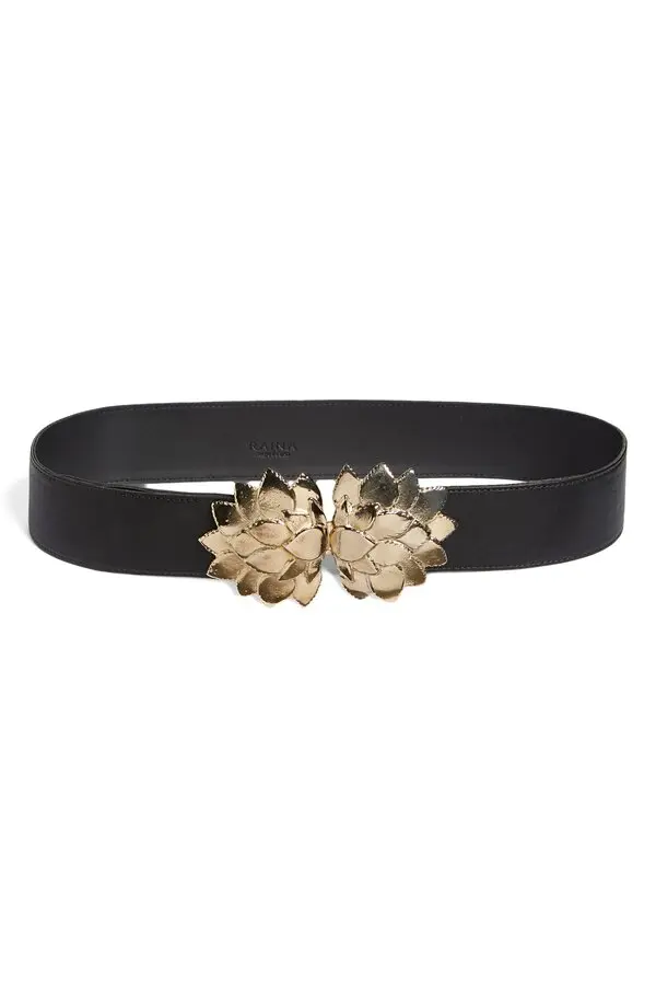 RAINA BELTS Floral Buckle Leather Belt - Black