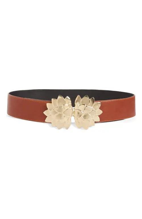 RAINA BELTS Floral Buckle Leather Belt - Cognac