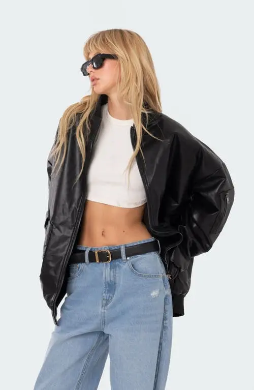 EDIKTED Oversized Faux Leather Bomber Jacket - Black