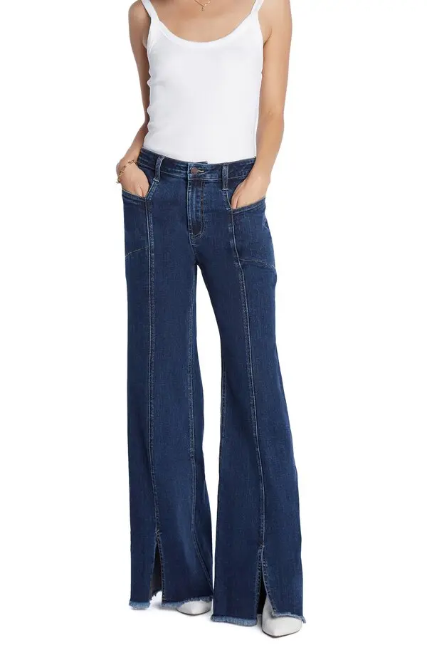WASH LAB DENIM Front Slit Wide Leg Jeans - Brushed Denim