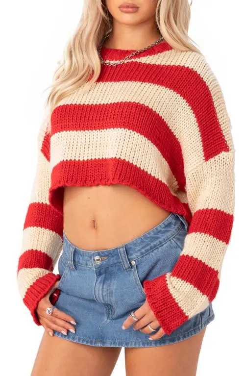 EDIKTED Ozzy Stripe Crop Sweater - Red